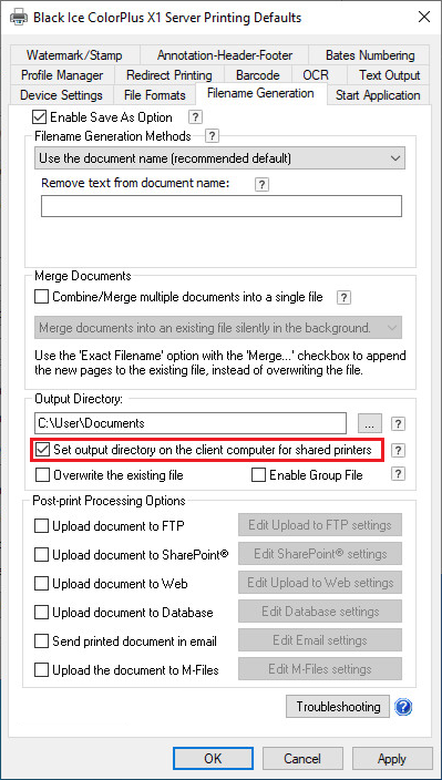 Configuring UNC output path on the Host for shared printers